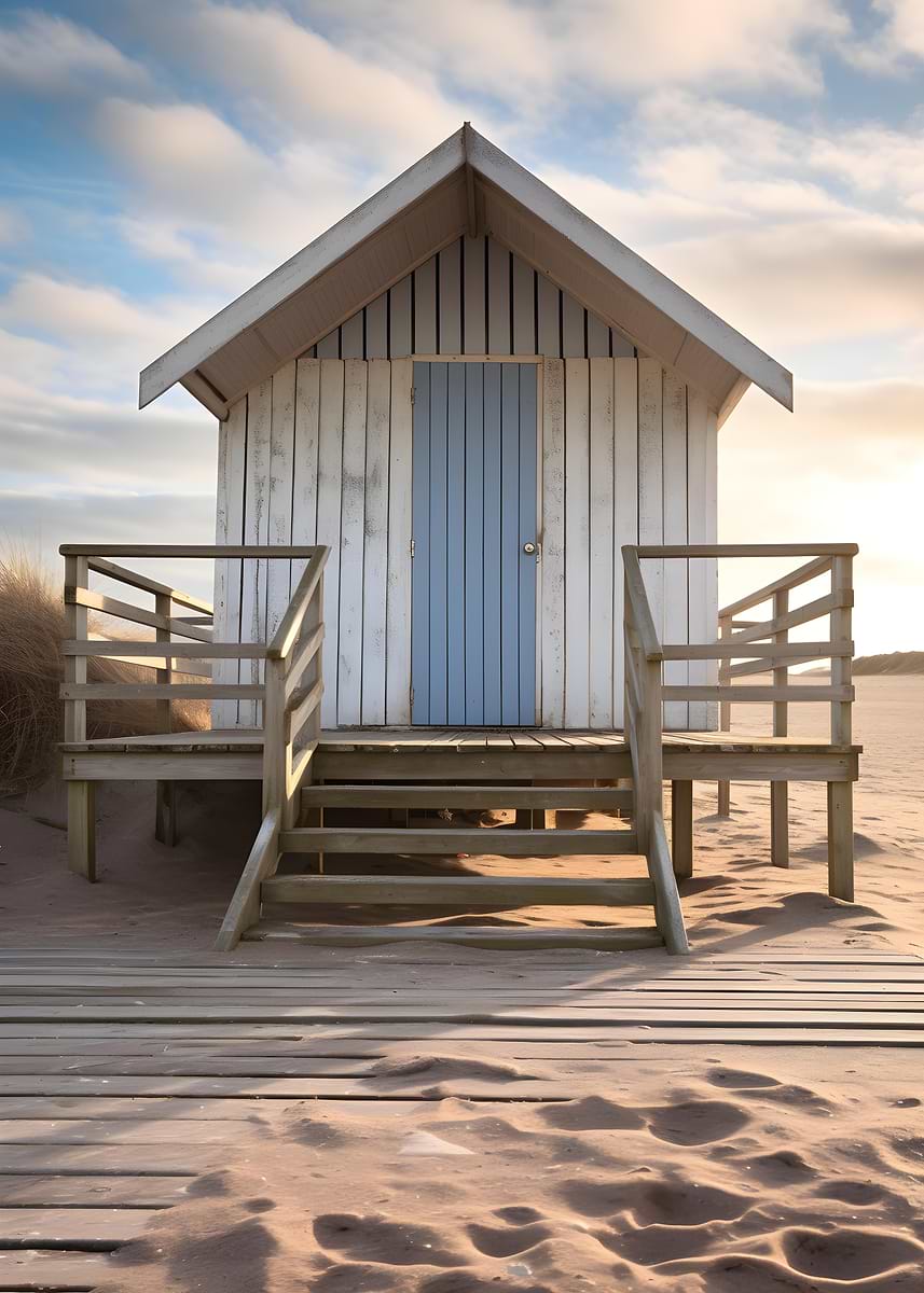 'Beach Hut at Sunset' Poster, picture, metal print, paint by ...
