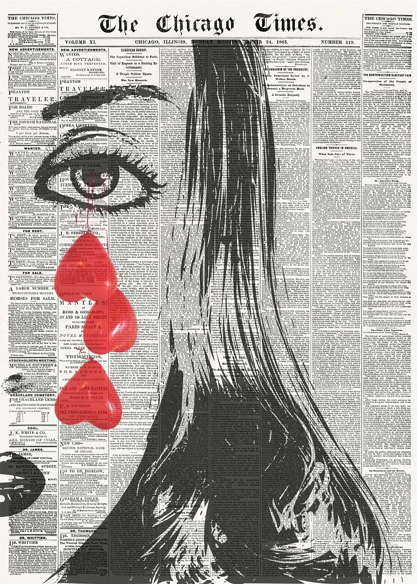'Woman Crying Hearts Newspaper' Poster, picture, metal print, paint by ...