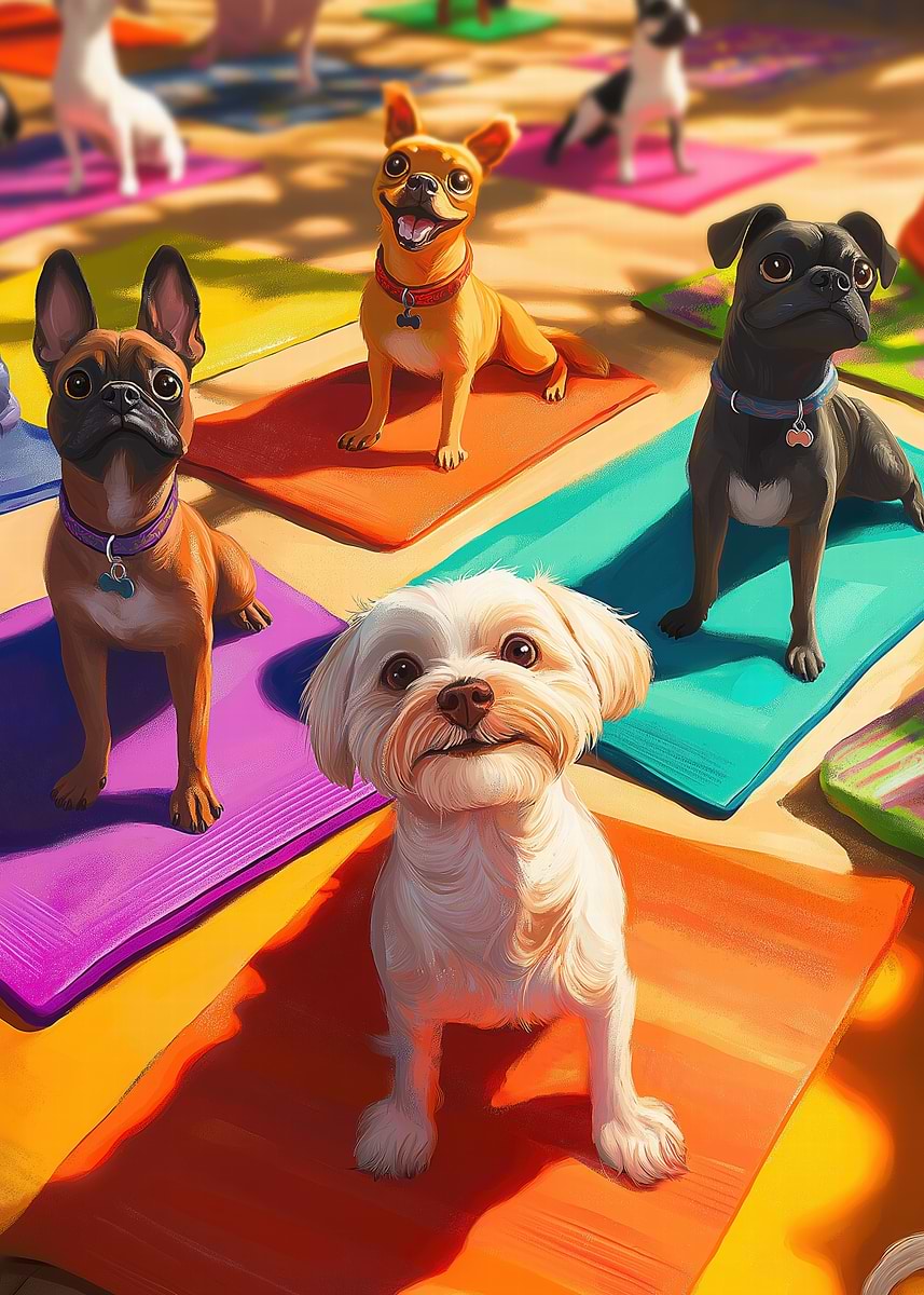 'Dogs Doing Yoga' Poster, picture, metal print, paint by Rawbin | Displate