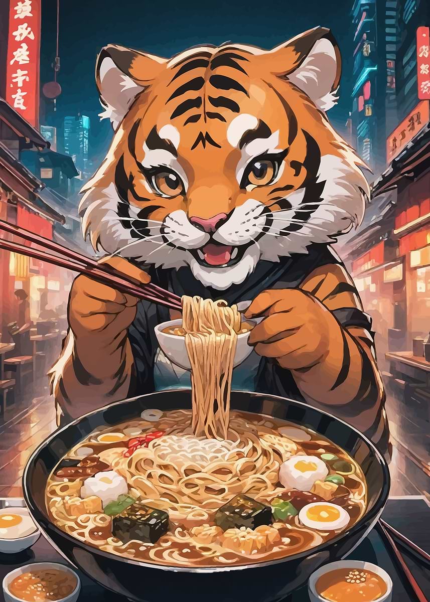 'Tiger Eating Ramen' Poster, picture, metal print, paint by DUMBROS ...