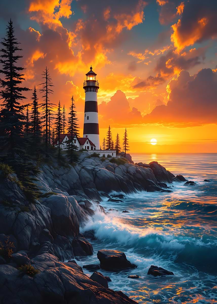 'Lighthouse Sunset' Poster, picture, metal print, paint by Dzabdo ...