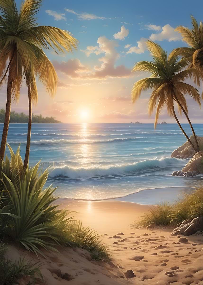 'Tropical Sunset Beach' Poster, picture, metal print, paint by YourHoney | Displate