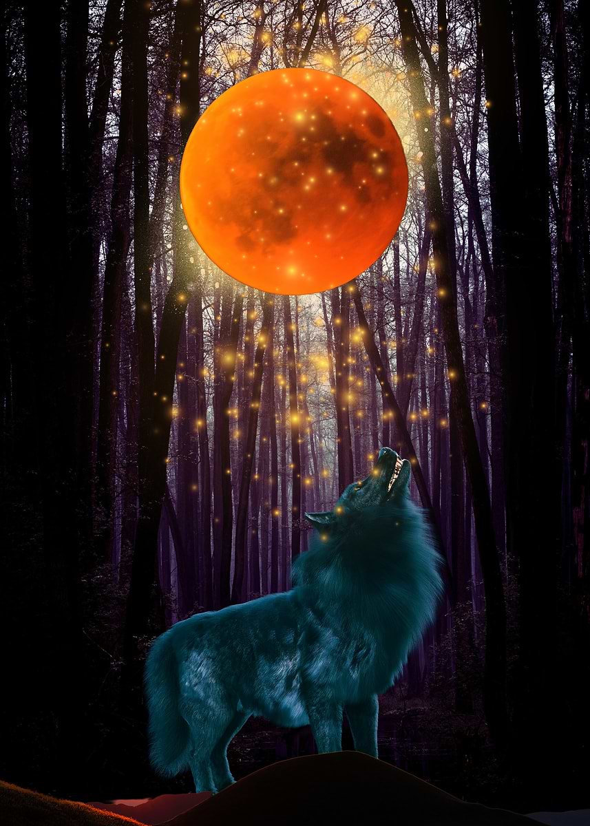 'Wolf Howling at red Moon' Poster, picture, metal print, paint by ...