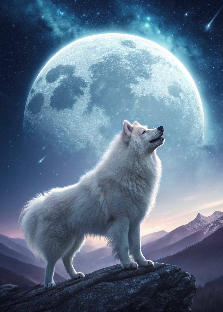 'Samoyed dog with full moon' Poster, picture, metal print, paint by ...