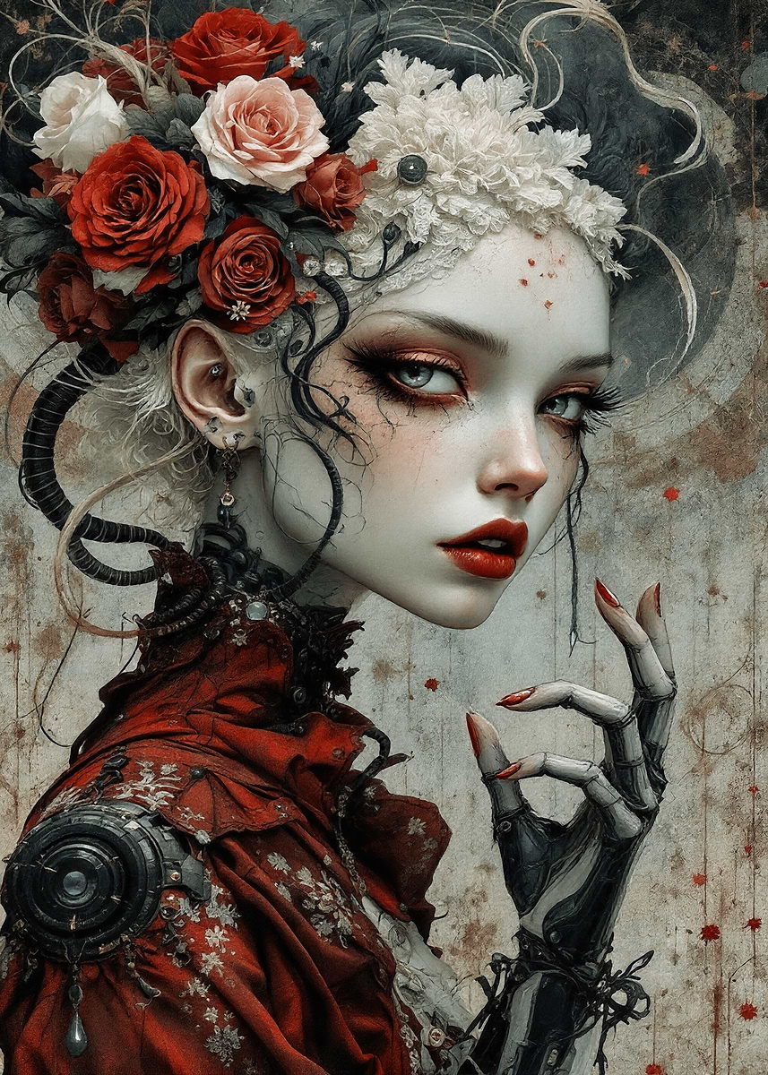 'Fantasy Cyborg Woman Adorned with Roses and Mechanical Enhancements ...