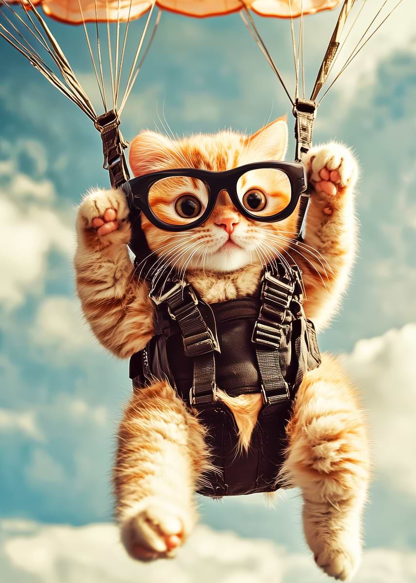 'Cat Skydiving' Poster, picture, metal print, paint by Jumis Art | Displate