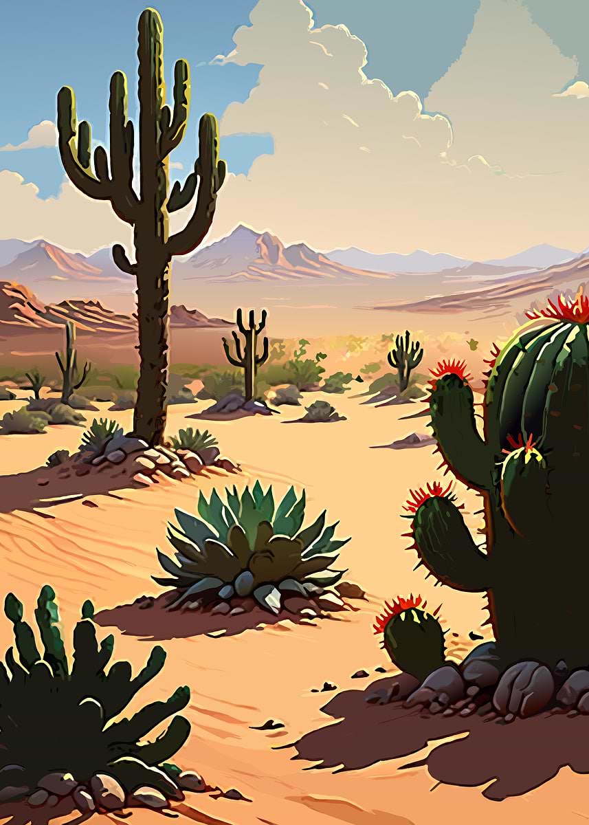 'Desert Landscape with Cacti' Poster, picture, metal print, paint by ...