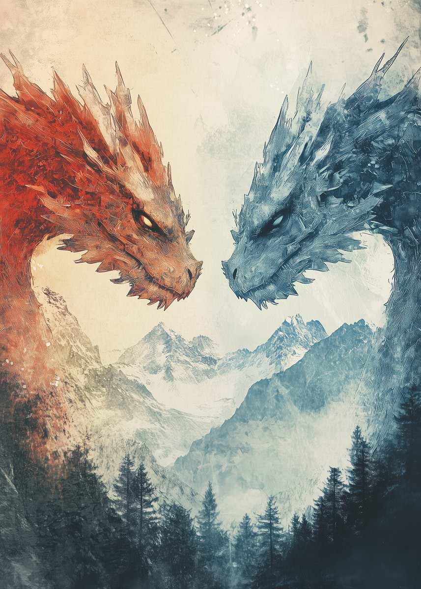 'Fire and Ice Dragons' Poster, picture, metal print, paint by Design Splash | Displate