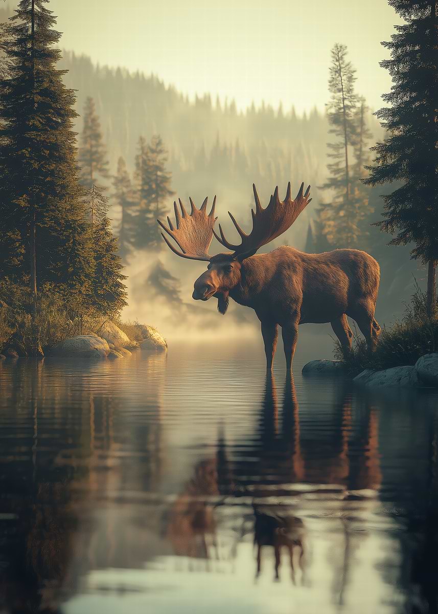 'Moose in Misty Forest' Poster, picture, metal print, paint by Rawbin ...