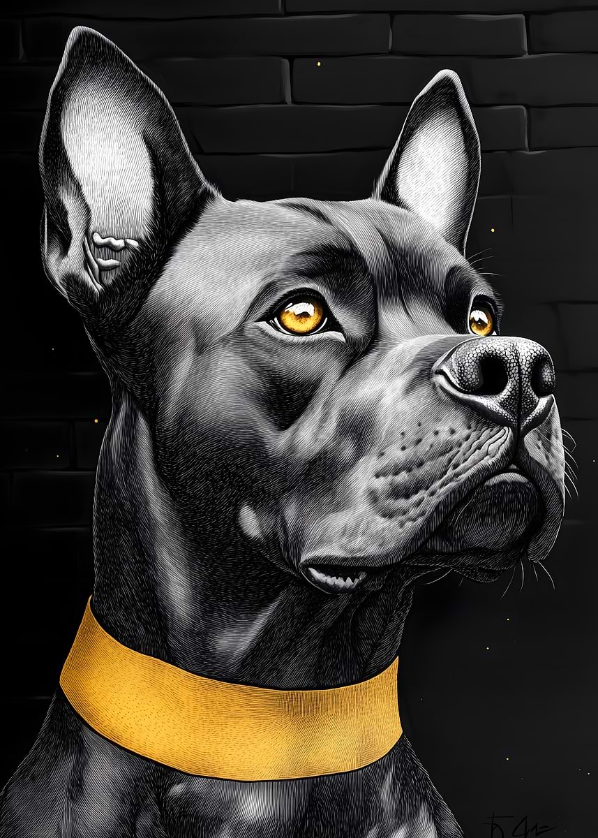 'Black Boxer Dog with Gold Collar Animal' Poster, picture, metal print ...
