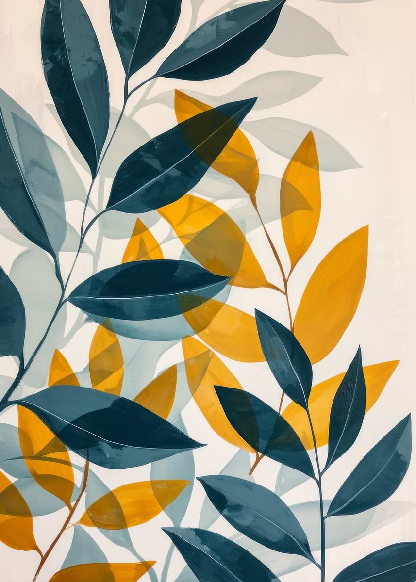 'Teal and Yellow Leaves' Poster, picture, metal print, paint by Poster ...