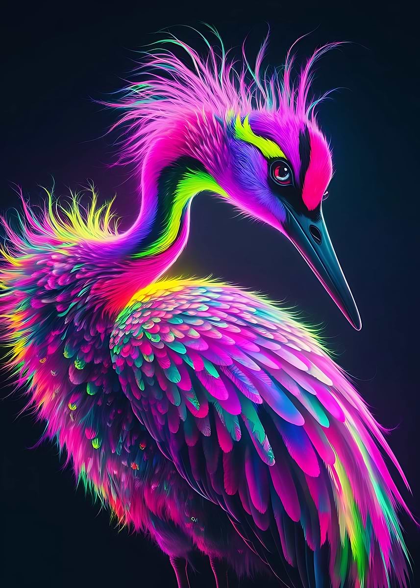 'Neon Heron Bird' Poster, picture, metal print, paint by CarysAn | Displate