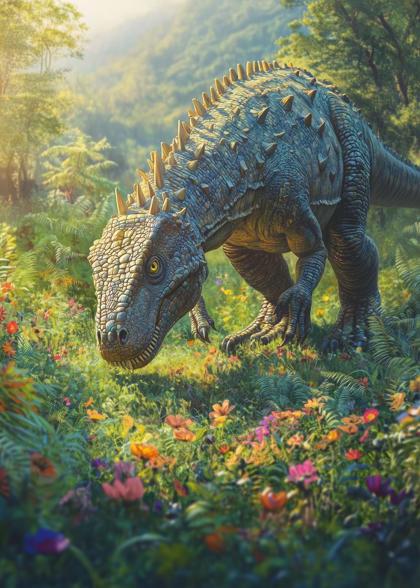 'Dinosaur in a Flower Field' Poster, picture, metal print, paint by ...