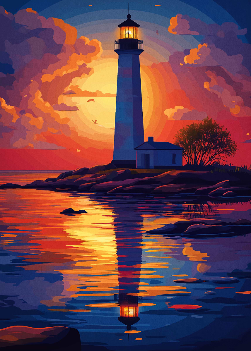 'Lighthouse Sunset' Poster, picture, metal print, paint by Laibah ...