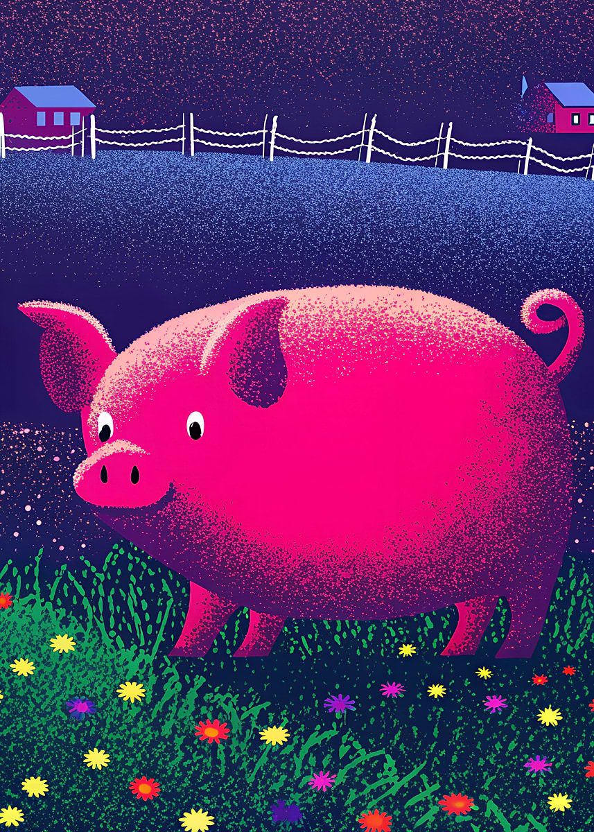 'Pink Pig in Field' Poster, picture, metal print, paint by Ray Crimson ...
