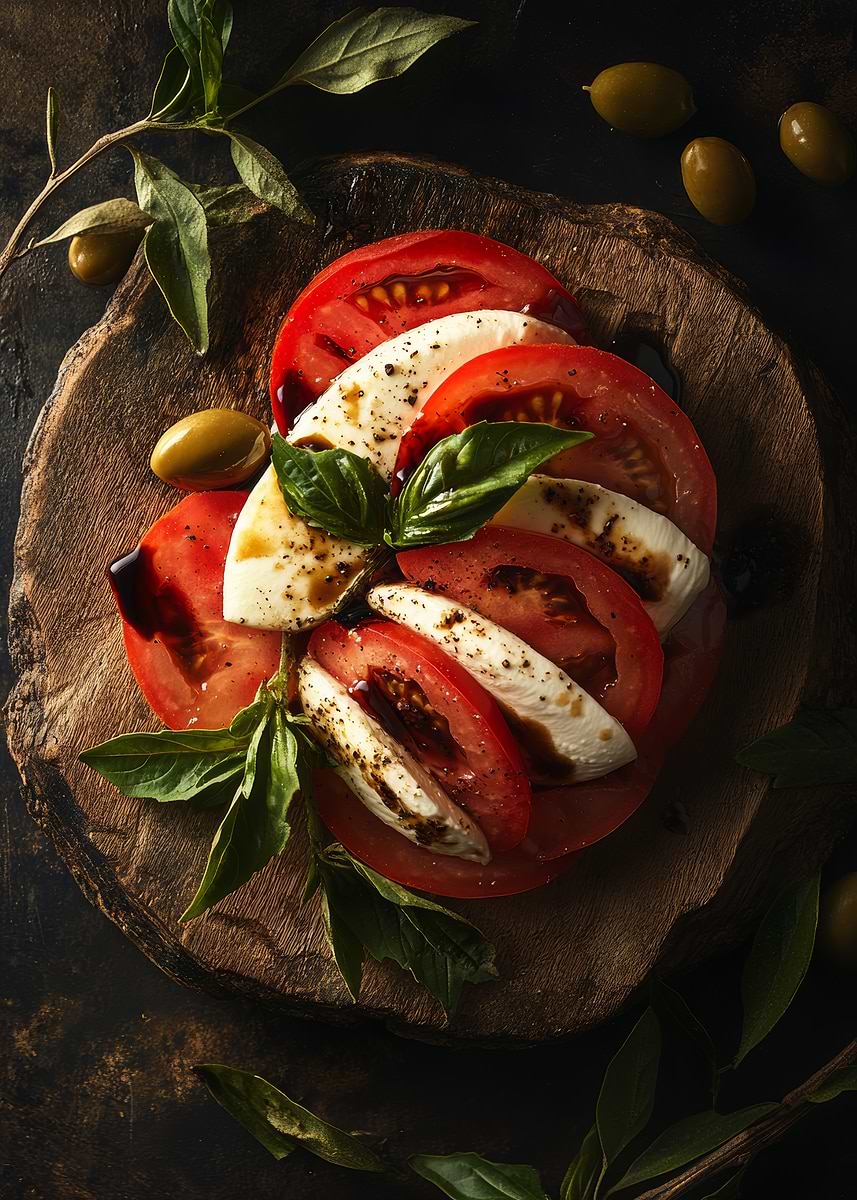 'Caprese Salad on Wooden Board' Poster, picture, metal print, paint by ...