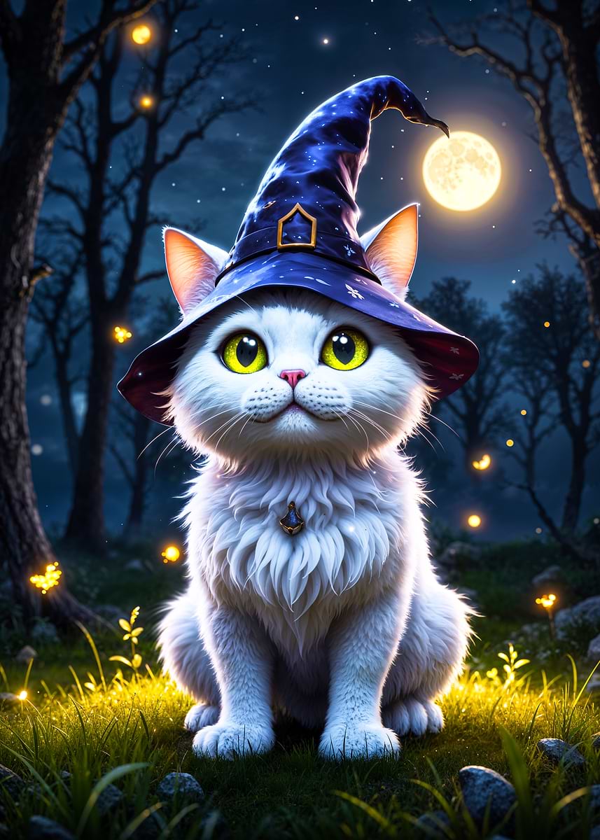 'Wizard Cat in Moonlight' Poster, picture, metal print, paint by ...