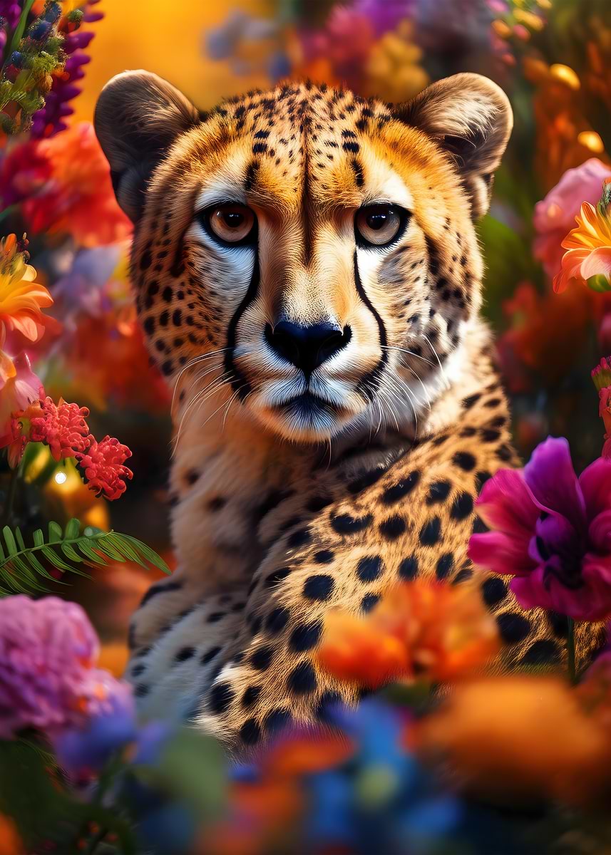 'Cheetah in Flowers' Poster, picture, metal print, paint by Trigonal ...