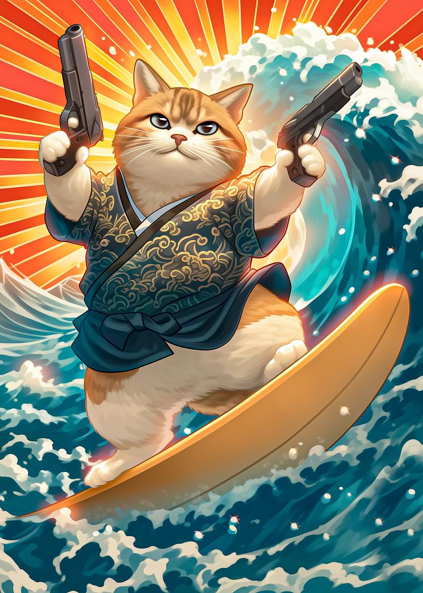 'Cat Samurai Surfer' Poster, picture, metal print, paint by Lorence ...