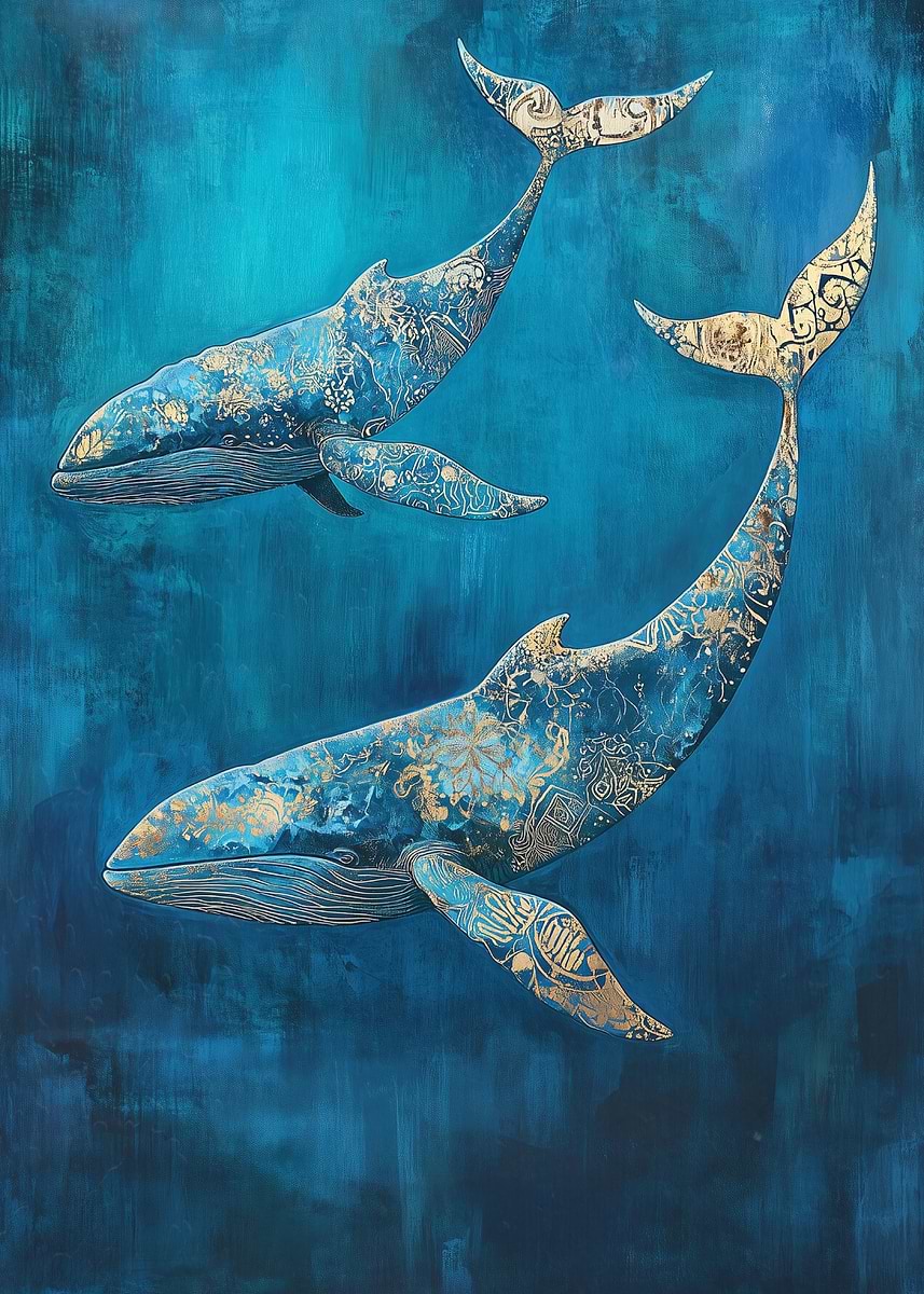 'Majestic Whales of Gold - Two Whales in Blue' Poster, picture, metal ...