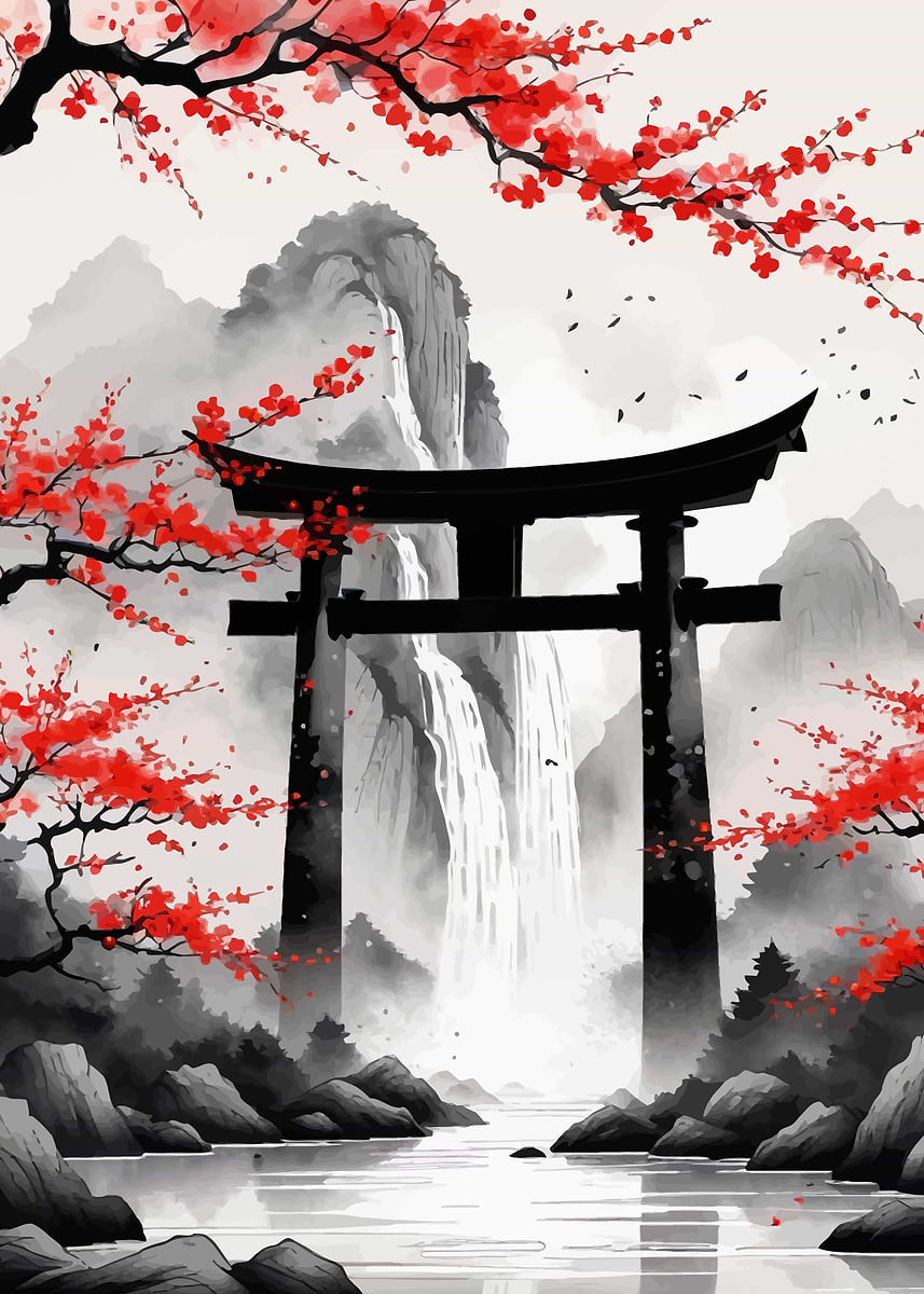 'Japanese Waterfall Gate' Poster, picture, metal print, paint by ...