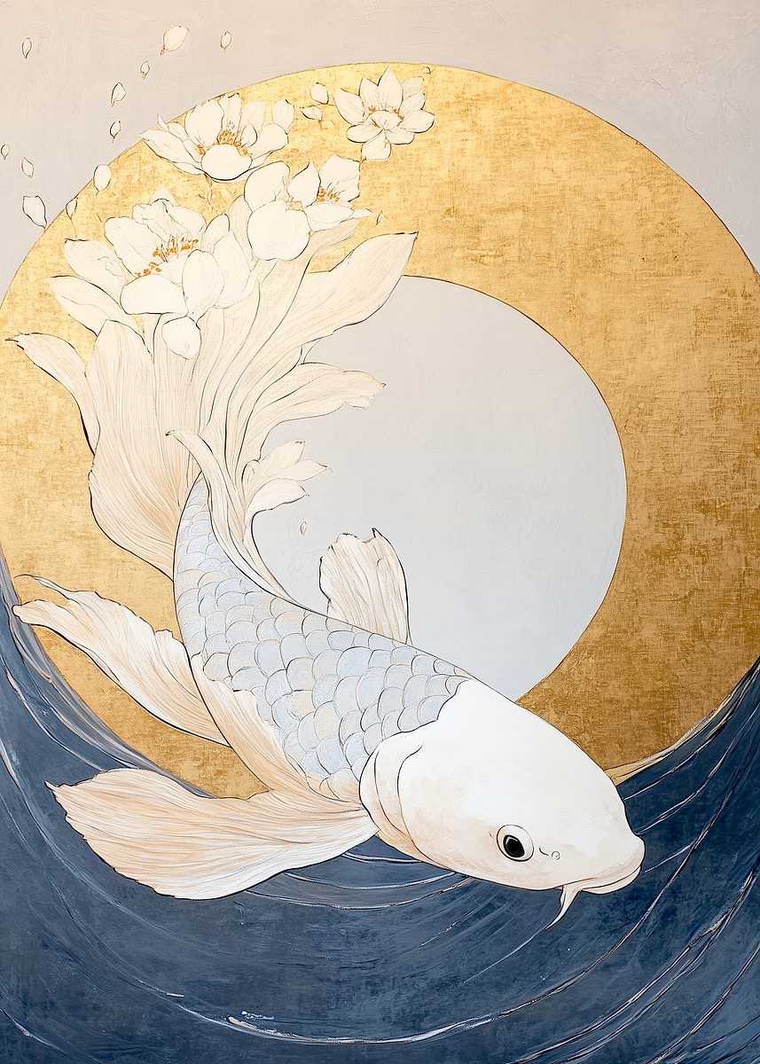 'Koi Fish with Golden Moon' Poster, picture, metal print, paint by ...