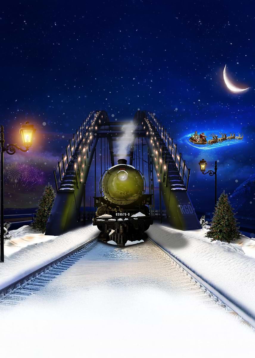 'Christmas Train Under Starry Sky' Poster, picture, metal print, paint by V Deziner | Displate