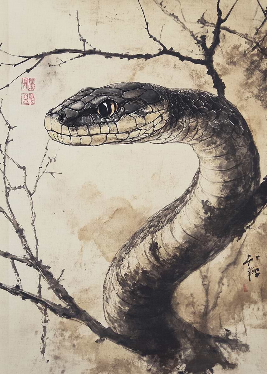 'Chinese, ink painting, snake' Poster, picture, metal print, paint by ...