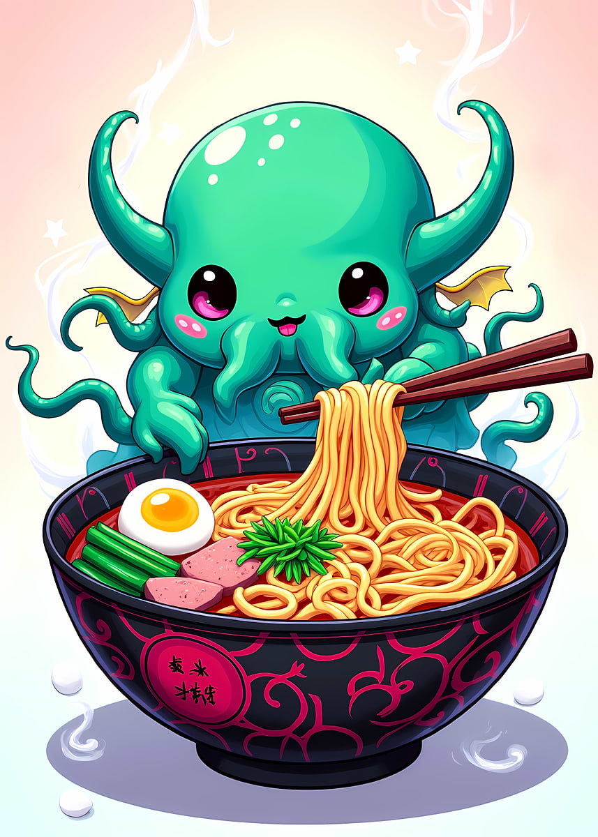 'Cthulhu Eating Ramen - Noodles Of Madness' Poster, picture, metal ...