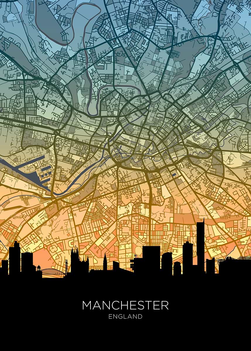 'Manchester Skyline Map' Poster, picture, metal print, paint by Michael ...