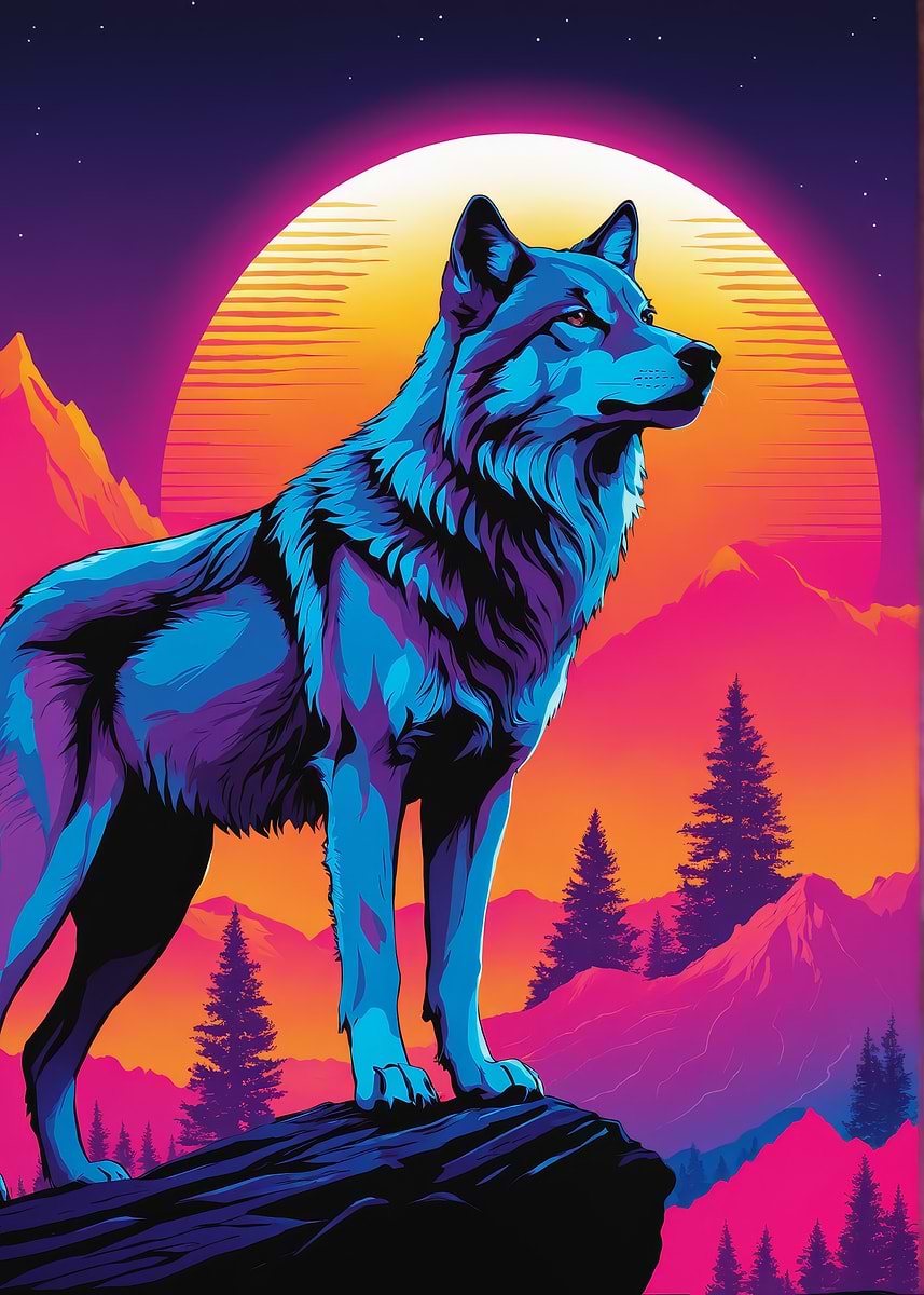 'Wolf in Neon Sunset' Poster, picture, metal print, paint by Reptislav ...