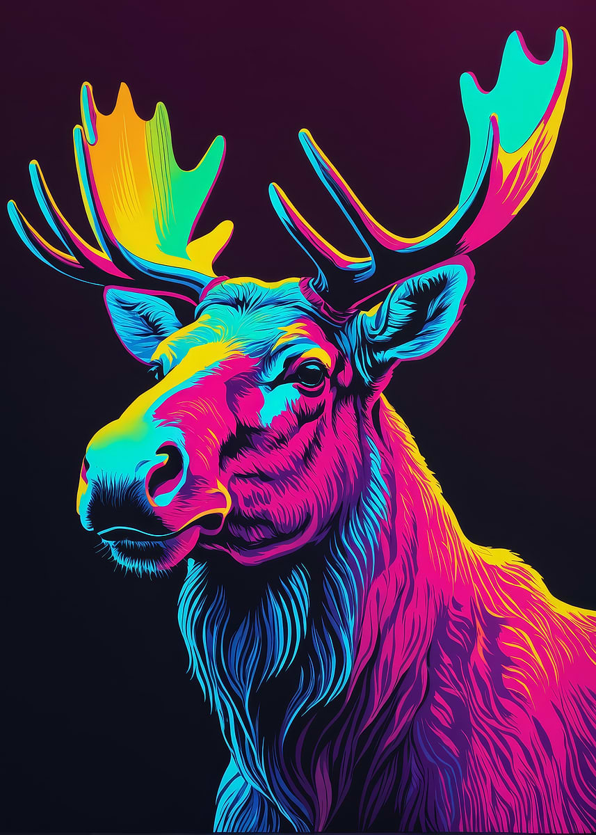 'Neon Moose Portrait' Poster, picture, metal print, paint by Reptislav ...