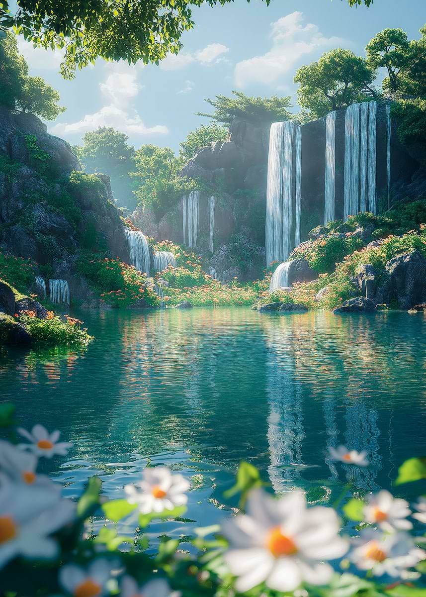'Floral Serene Waterfall Landscape' Poster, picture, metal print, paint ...
