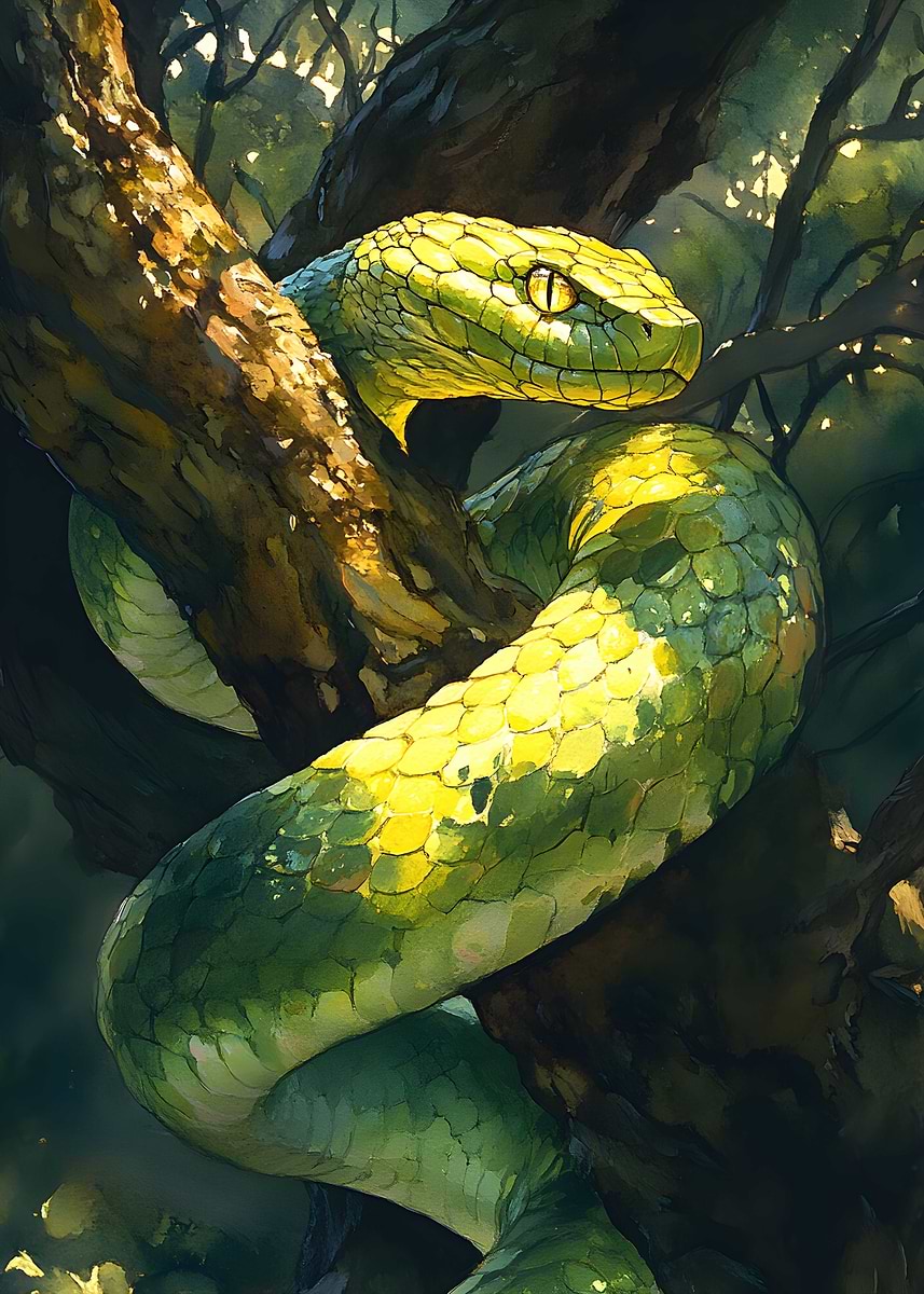 'A serpent coiled around a tree branch' Poster, picture, metal print ...