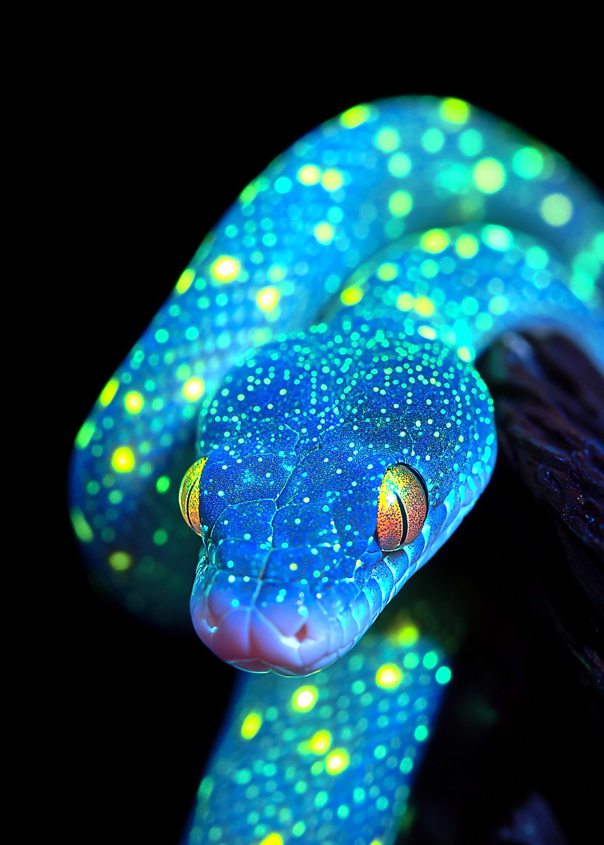 'Bioluminescent Green Tree Python UV Light' Poster, picture, metal ...