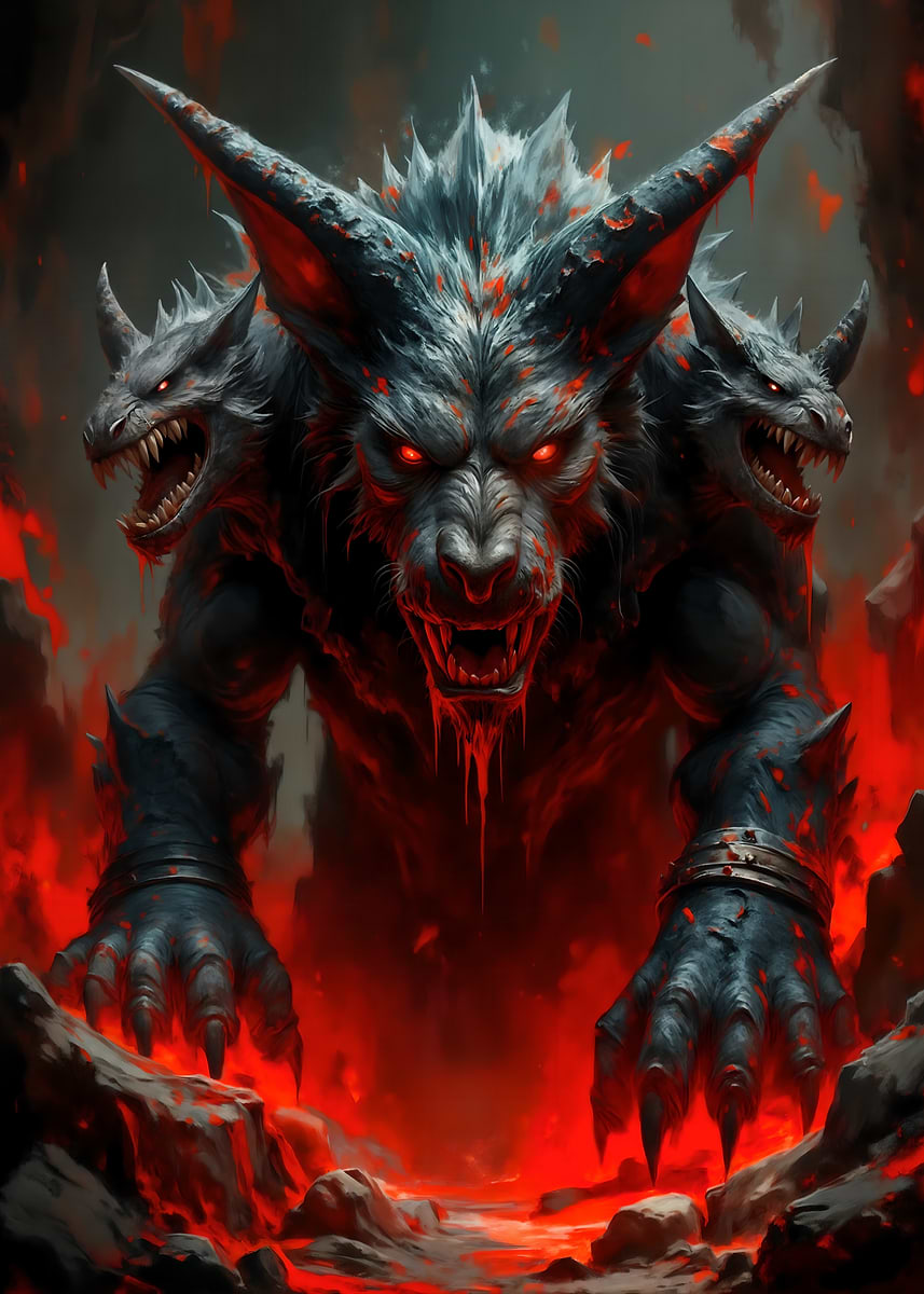 'Three-Headed Wolf Monster' Poster, picture, metal print, paint by ...