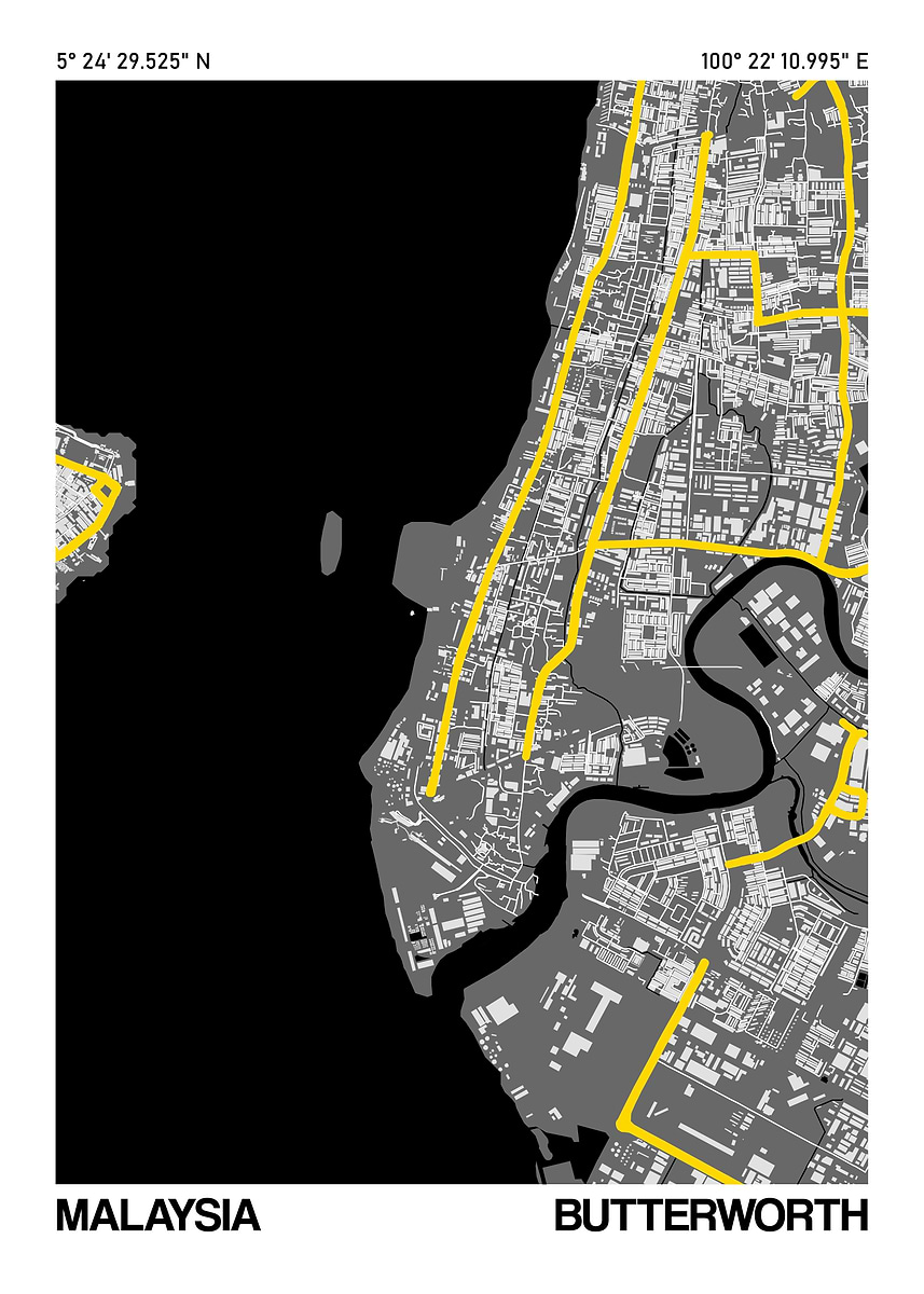 'Butterworth, Malaysia Map' Poster, picture, metal print, paint by ...