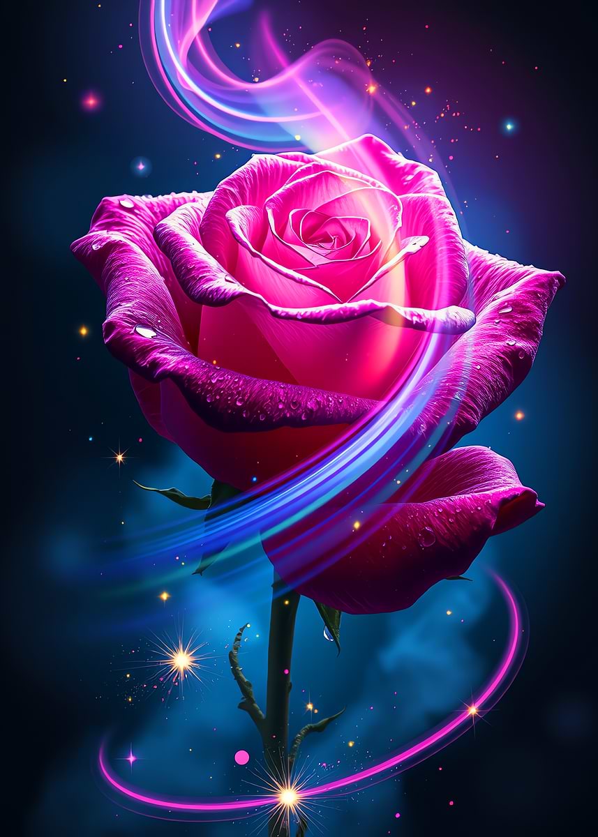 'Neon Rose' Poster, picture, metal print, paint by Burashi | Displate