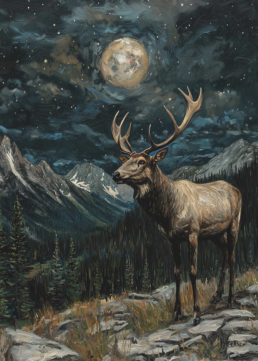 'Elk Under Moonlight' Poster, picture, metal print, paint by Tesiga ...