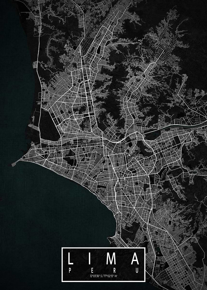 'Lima City Map Peru Dark' Poster, picture, metal print, paint by deMAP Studio | Displate