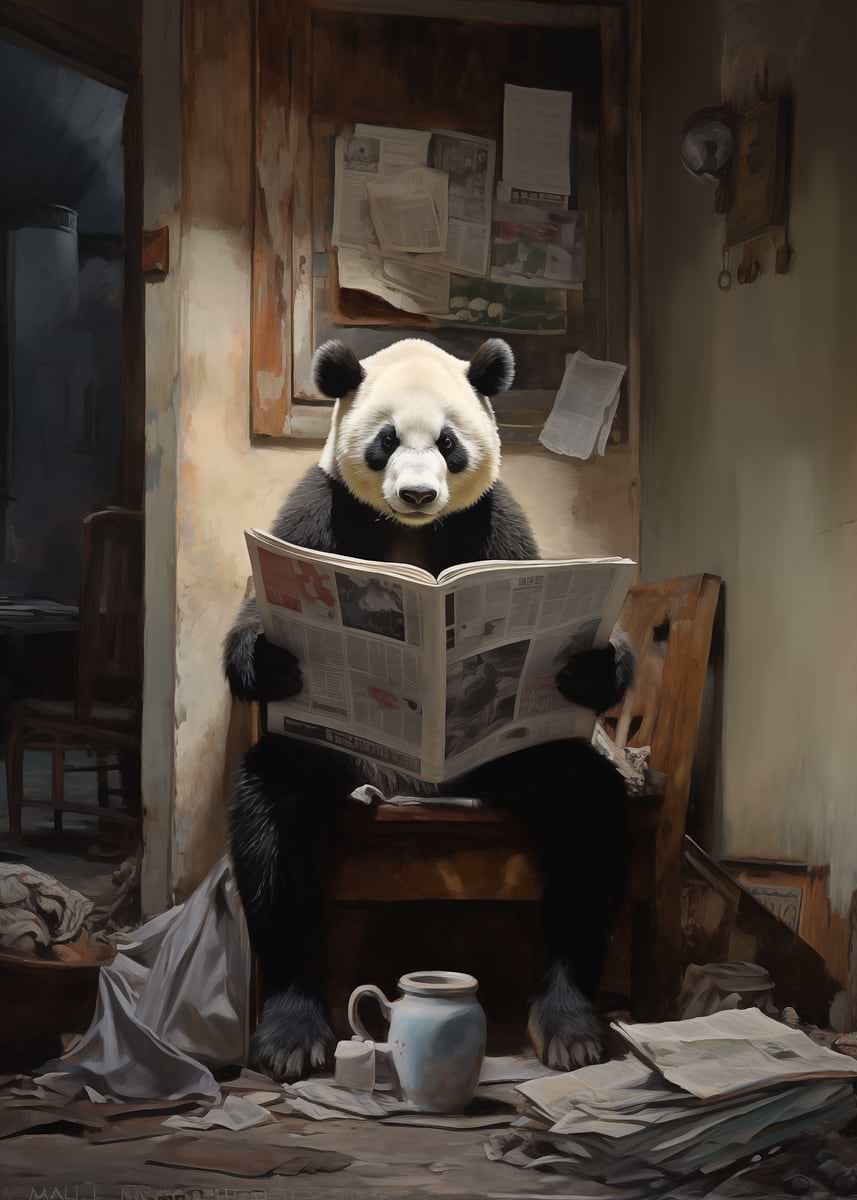 'Panda Reading Newspaper' Poster, picture, metal print, paint by Roman ...