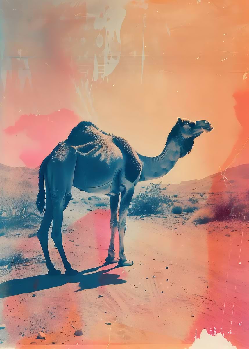 'Camel in Desert Landscape' Poster, picture, metal print, paint by ...