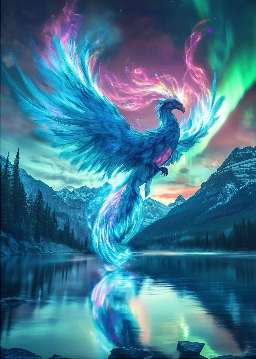 'Phoenix in Aurora Borealis' Poster, picture, metal print, paint by MiriamScott | Displate