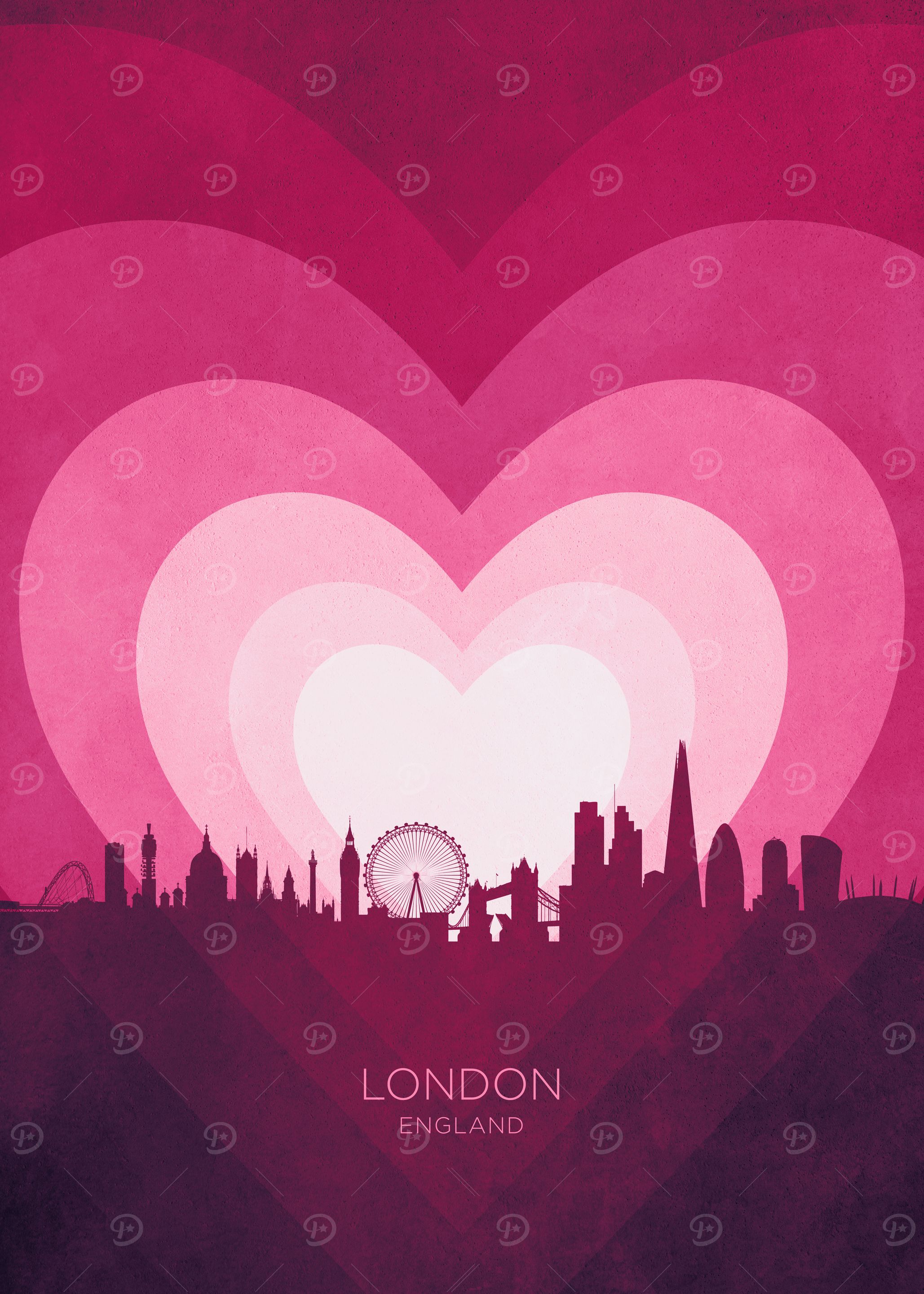 'London England Skyline Hearts Blue' Poster, picture, metal print ...