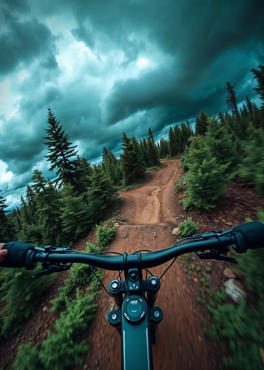 'Mountain Biking Under Storm Clouds' Poster, picture, metal print ...