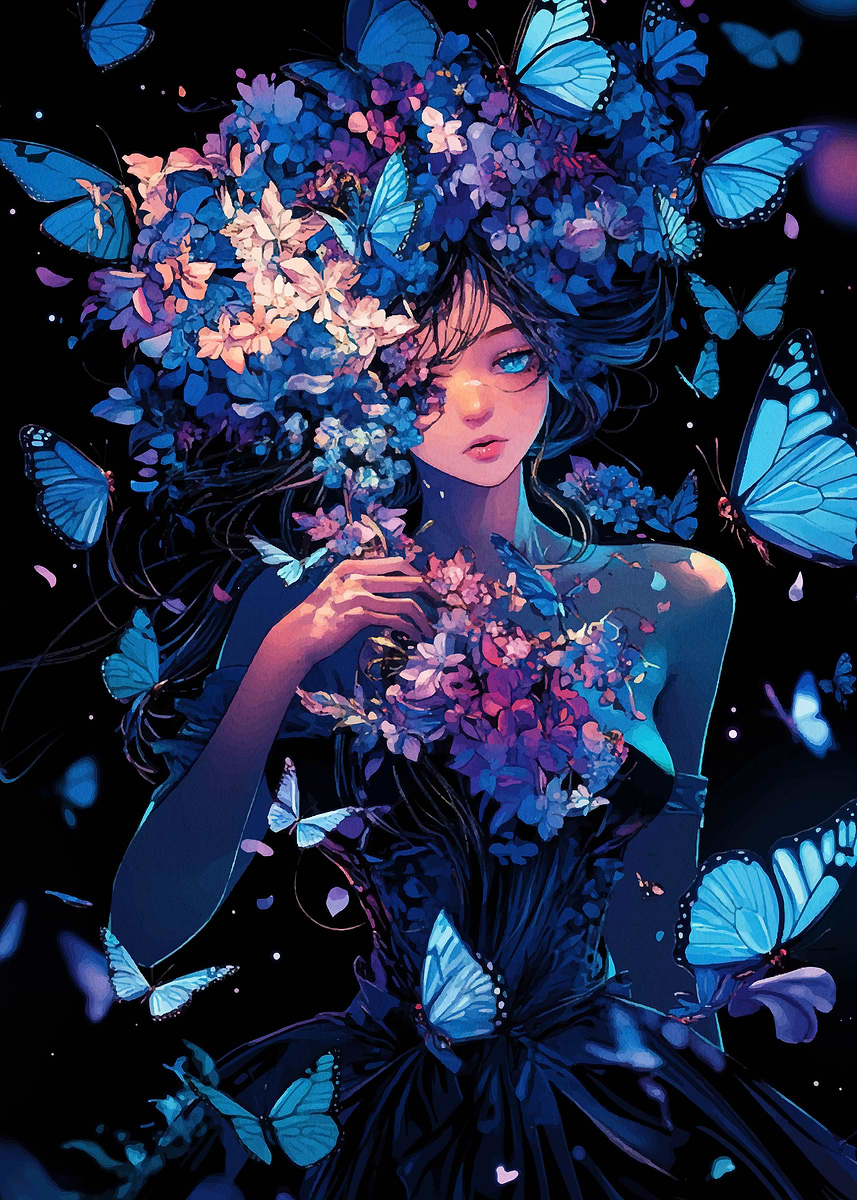 'Anime Girl with Butterflies' Poster, picture, metal print, paint by ...