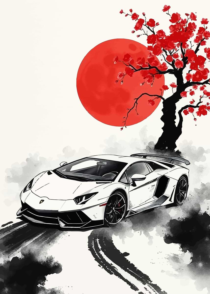 'Lamborghini Aventador with Cherry Blossoms' Poster, picture, metal ...