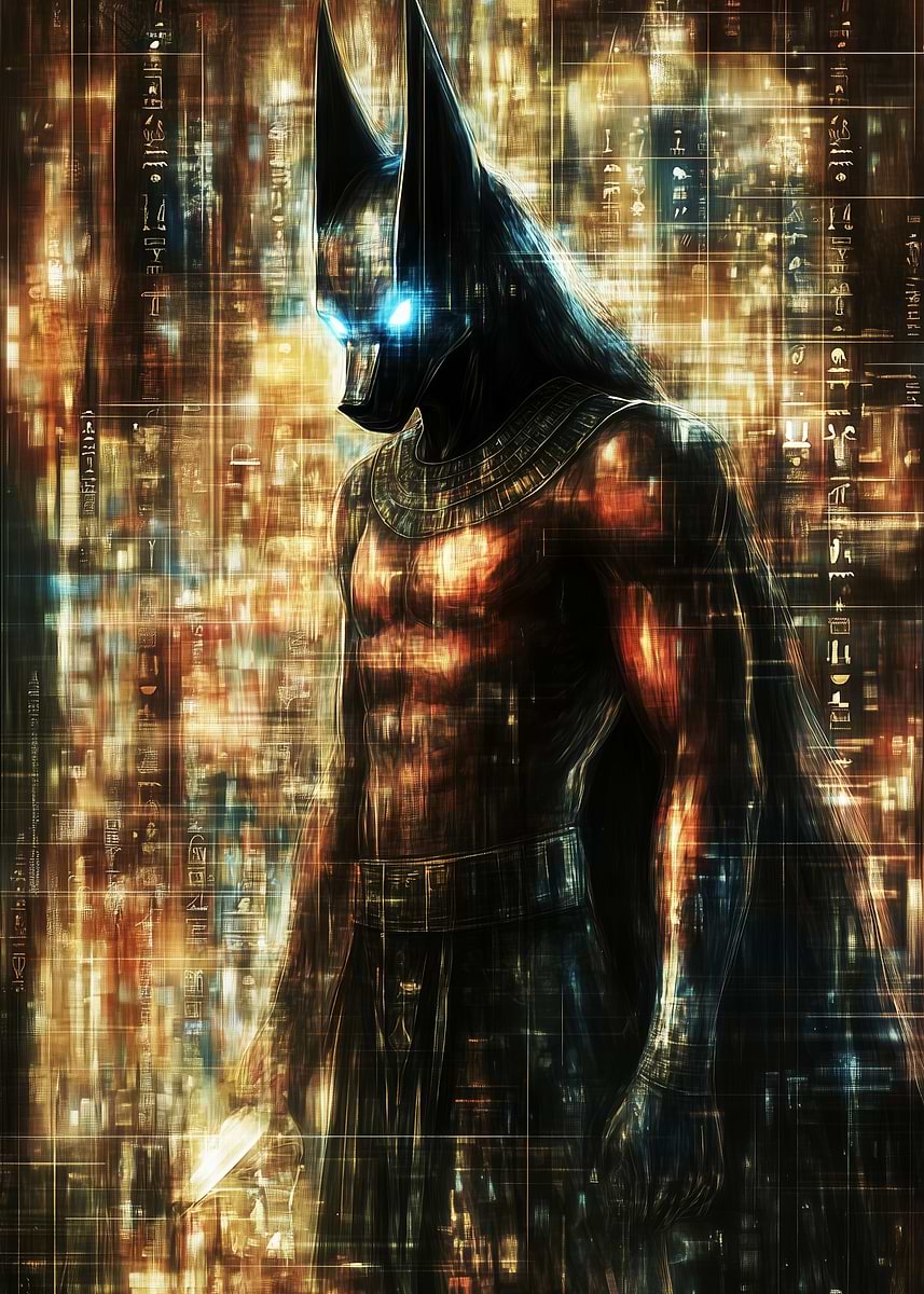 'Cyber Anubis: Guardian of the Glowing Sands' Poster, picture, metal print, paint by AuraOils ...