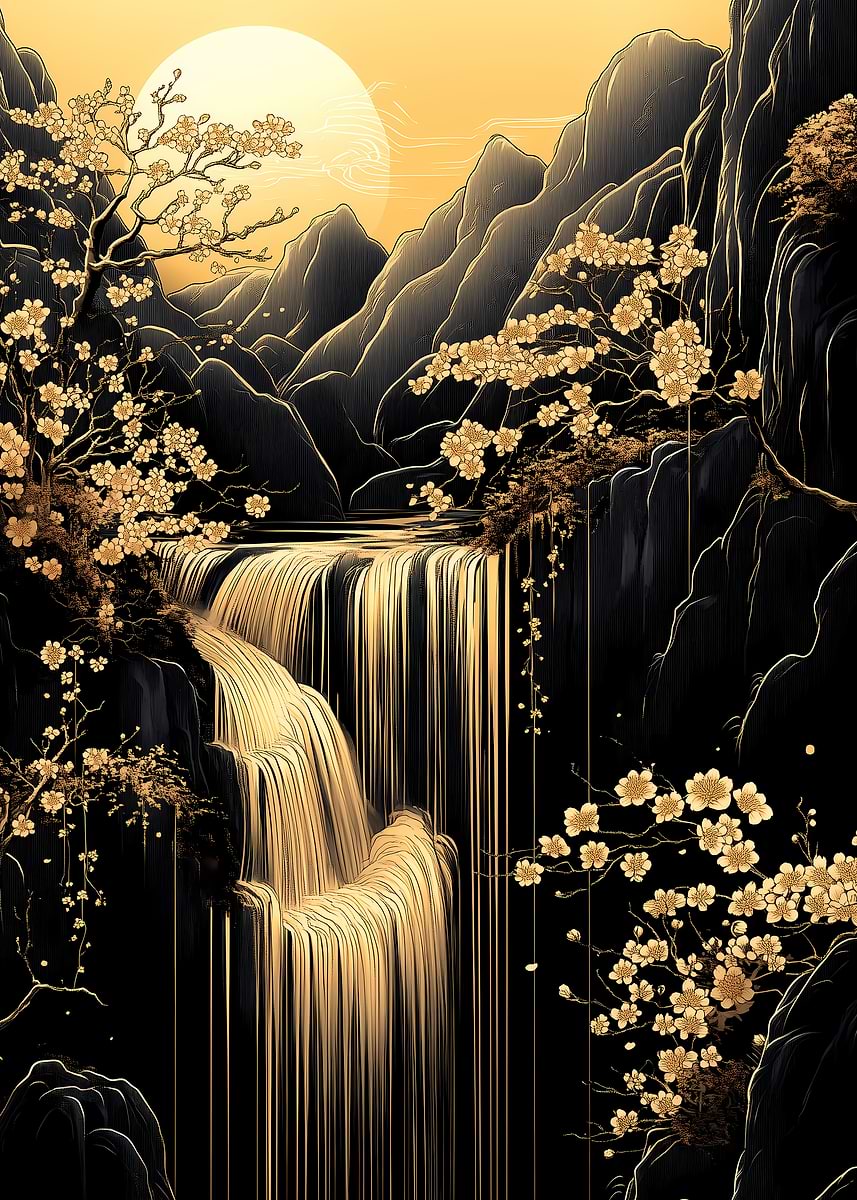 'Golden Waterfall Landscape' Poster, picture, metal print, paint by ...