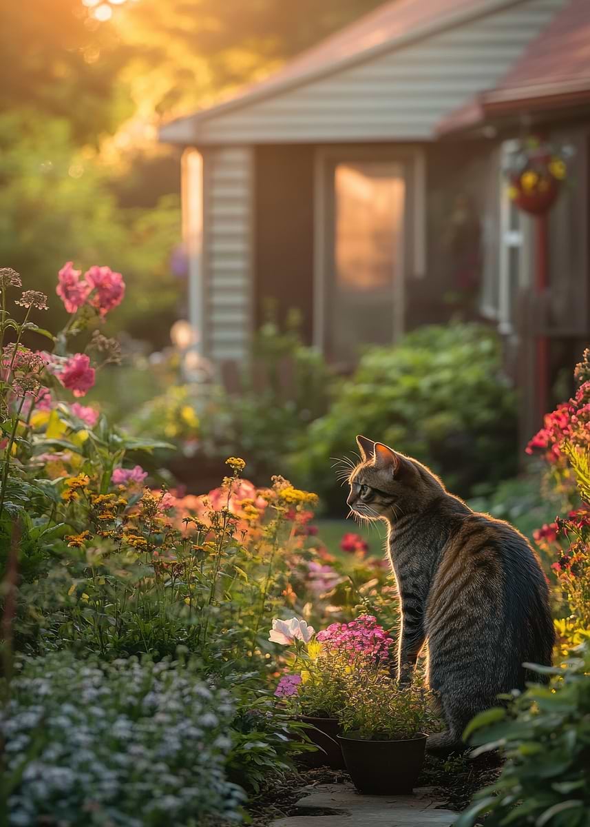 'Cat in a Garden at Sunset' Poster, picture, metal print, paint by ...